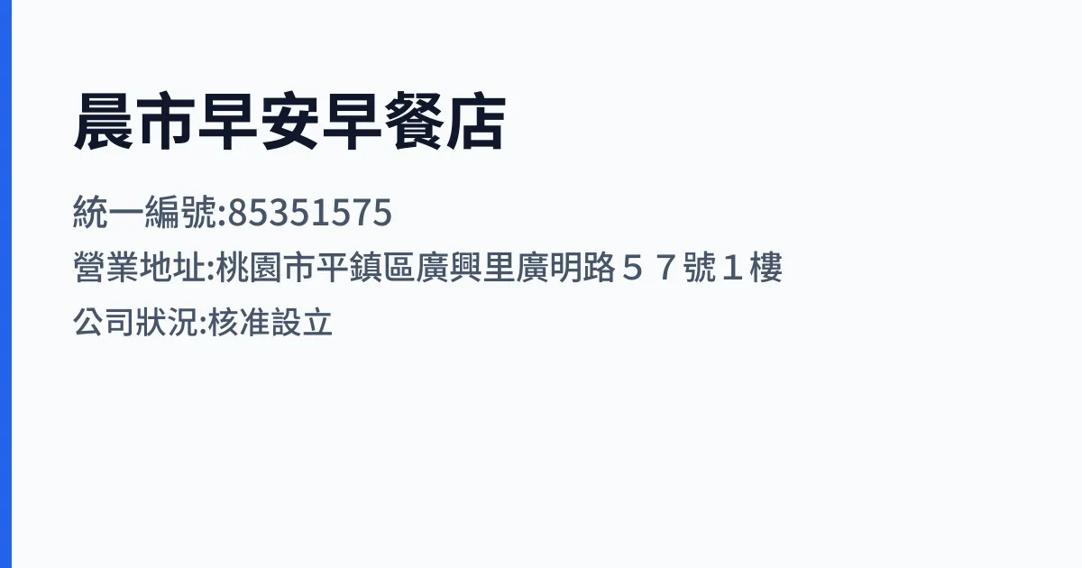 晨市早安早餐店 - 統編 85351575(桃園市) 公司登記資料與營業項目詳細圖表