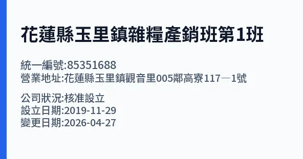 花蓮縣玉里鎮雜糧產銷班第1班的照片-統編 85351688(花蓮縣) 公司登記資料與營業項目詳細圖表