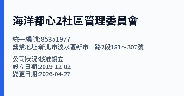 海洋都心2社區管理委員會的照片-統編 85351977(新北市) 公司登記資料與營業項目詳細圖表