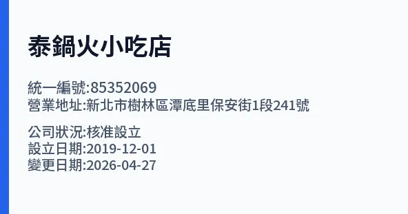 泰鍋火小吃店的照片-統編 85352069(新北市) 公司登記資料與營業項目詳細圖表