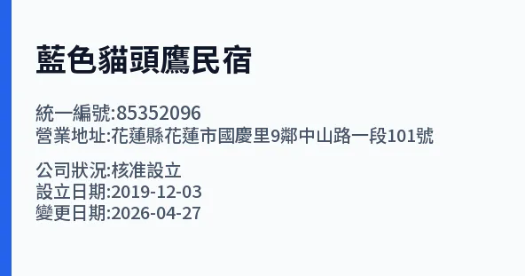藍色貓頭鷹民宿的照片-統編 85352096(花蓮縣) 公司登記資料與營業項目詳細圖表