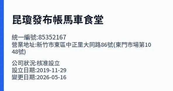 昆瓊發布帳馬車食堂的照片-統編 85352167(新竹市) 公司登記資料與營業項目詳細圖表