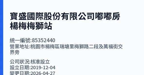 寶盛國際股份有限公司嘟嘟房楊梅梅獅站的照片-統編 85352440(桃園市) 公司登記資料與營業項目詳細圖表