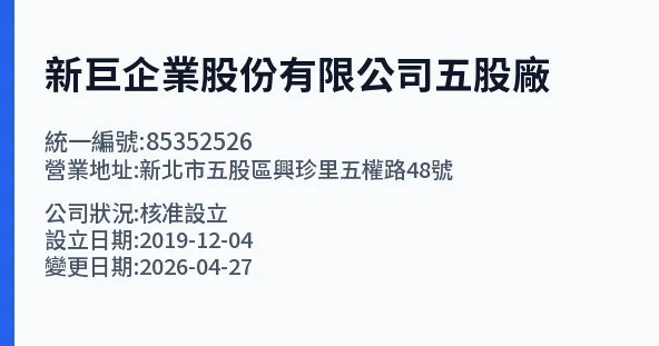 新巨企業股份有限公司五股廠的照片-統編 85352526(新北市) 公司登記資料與營業項目詳細圖表