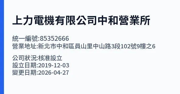 上力電機有限公司中和營業所的照片-統編 85352666(新北市) 公司登記資料與營業項目詳細圖表