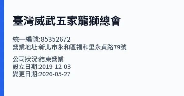 臺灣威武五家龍獅總會的照片-統編 85352672(新北市) 公司登記資料與營業項目詳細圖表