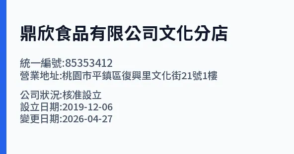 鼎欣食品有限公司文化分店的照片-統編 85353412(桃園市) 公司登記資料與營業項目詳細圖表