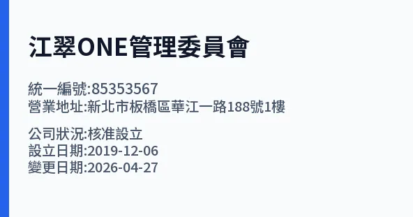 江翠ONE管理委員會的照片-統編 85353567(新北市) 公司登記資料與營業項目詳細圖表