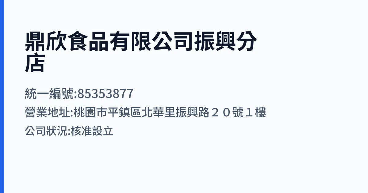 鼎欣食品有限公司振興分店 - 統編 85353877(桃園市) 公司登記資料與營業項目詳細圖表