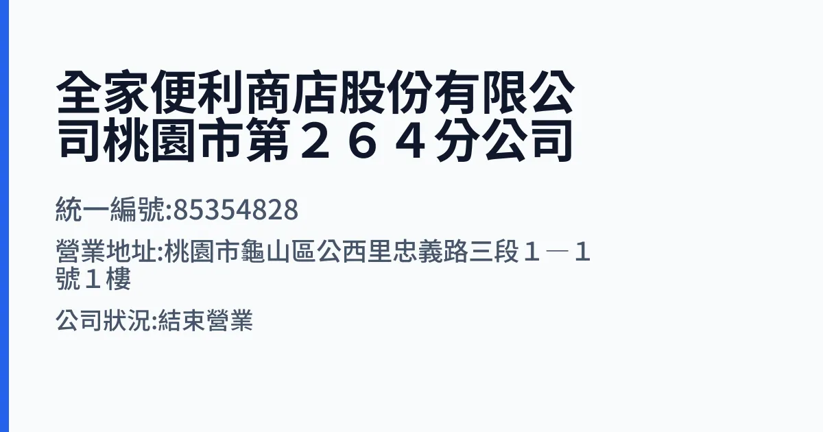 全家便利商店股份有限公司桃園市第２６４分公司 - 統編 85354828(桃園市) 公司登記資料與營業項目詳細圖表