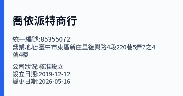 喬依派特商行的照片-統編 85355072(臺中市) 公司登記資料與營業項目詳細圖表