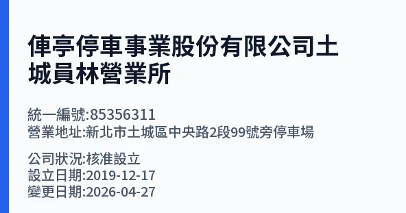 俥亭停車事業股份有限公司土城員林營業所的照片-統編 85356311(新北市) 公司登記資料與營業項目詳細圖表