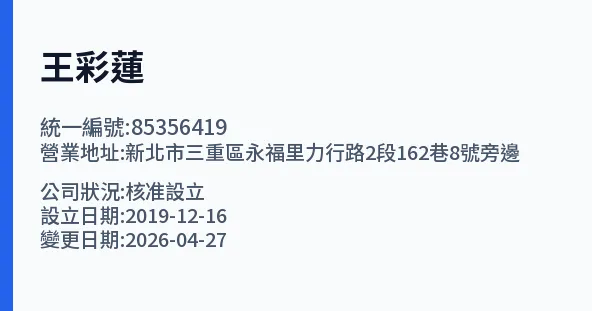 王彩蓮的照片-統編 85356419(新北市) 公司登記資料與營業項目詳細圖表