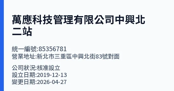 萬應科技管理有限公司中興北二站的照片-統編 85356781(新北市) 公司登記資料與營業項目詳細圖表