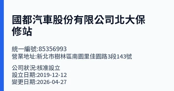 國都汽車股份有限公司北大保修站的照片-統編 85356993(新北市) 公司登記資料與營業項目詳細圖表