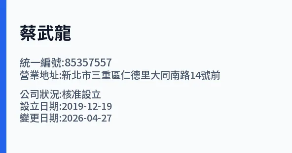 蔡武龍的照片-統編 85357557(新北市) 公司登記資料與營業項目詳細圖表