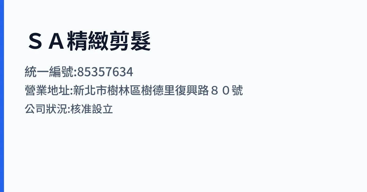 ＳＡ精緻剪髮 - 統編 85357634(新北市) 公司登記資料與營業項目詳細圖表