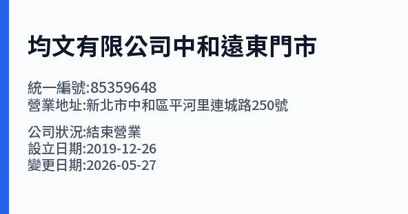均文有限公司中和遠東門市的照片-統編 85359648(新北市) 公司登記資料與營業項目詳細圖表