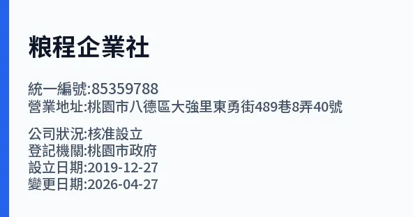 粮程企業社的照片-統編 85359788(桃園市) 公司登記資料與營業項目詳細圖表