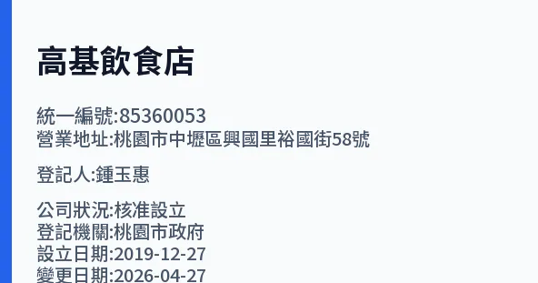 高基飲食店的照片-統編 85360053(桃園市) 公司登記資料與營業項目詳細圖表