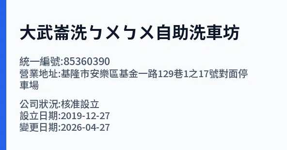 大武崙洗ㄅㄨㄅㄨ自助洗車坊的照片-統編 85360390(基隆市) 公司登記資料與營業項目詳細圖表