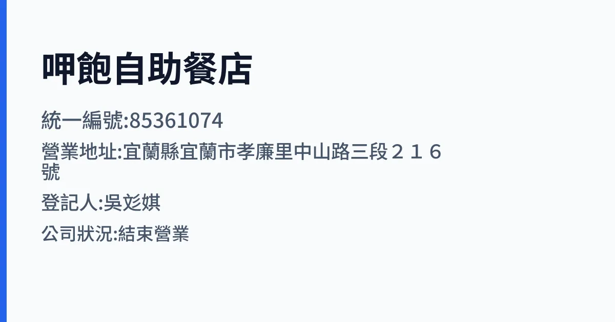 呷飽自助餐店 - 統編 85361074(宜蘭縣) 公司登記資料與營業項目詳細圖表