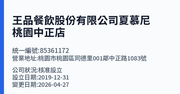 王品餐飲股份有限公司夏慕尼桃園中正店的照片-統編 85361172(桃園市) 公司登記資料與營業項目詳細圖表