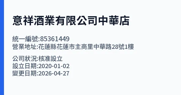 意祥酒業有限公司中華店的照片-統編 85361449(花蓮縣) 公司登記資料與營業項目詳細圖表