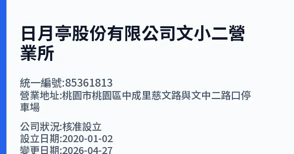 日月亭股份有限公司文小二營業所的照片-統編 85361813(桃園市) 公司登記資料與營業項目詳細圖表
