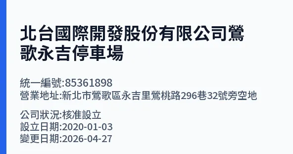 北台國際開發股份有限公司鶯歌永吉停車場的照片-統編 85361898(新北市) 公司登記資料與營業項目詳細圖表
