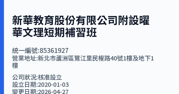新華教育股份有限公司附設曜華文理短期補習班的照片-統編 85361927(新北市) 公司登記資料與營業項目詳細圖表