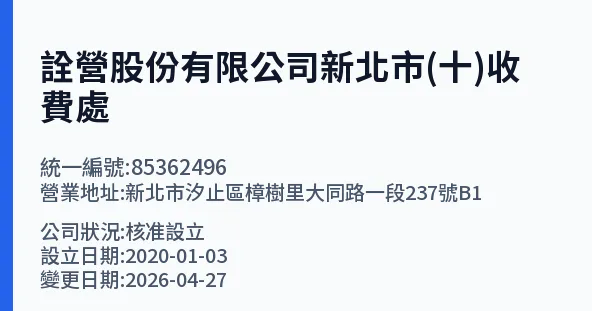詮營股份有限公司新北市(十)收費處的照片-統編 85362496(新北市) 公司登記資料與營業項目詳細圖表