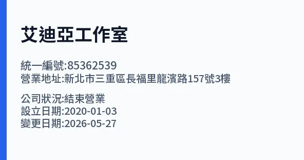 艾迪亞工作室的照片-統編 85362539(新北市) 公司登記資料與營業項目詳細圖表