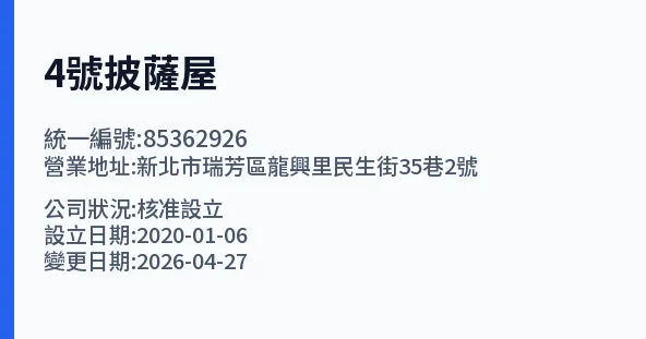 4號披薩屋的照片-統編 85362926(新北市) 公司登記資料與營業項目詳細圖表