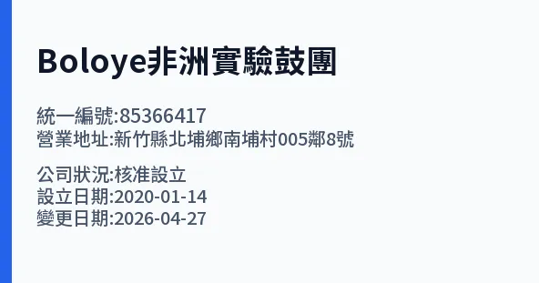 Boloye非洲實驗鼓團的照片-統編 85366417(新竹縣) 公司登記資料與營業項目詳細圖表