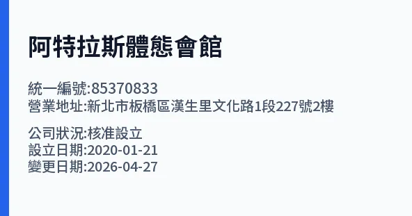 阿特拉斯體態會館的照片-統編 85370833(新北市) 公司登記資料與營業項目詳細圖表