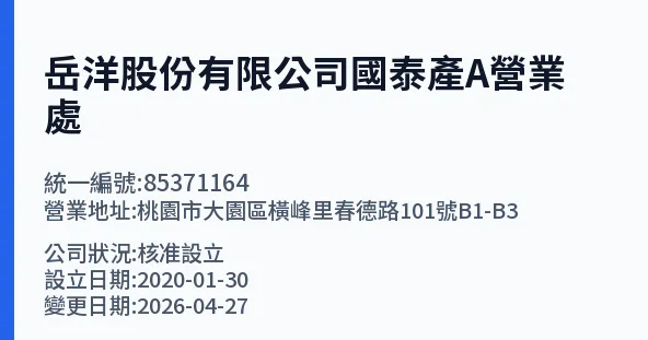岳洋股份有限公司國泰產A營業處的照片-統編 85371164(桃園市) 公司登記資料與營業項目詳細圖表