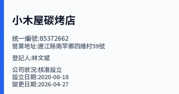 小木屋碳烤店的照片-統編 85372662(連江縣) 公司登記資料與營業項目詳細圖表