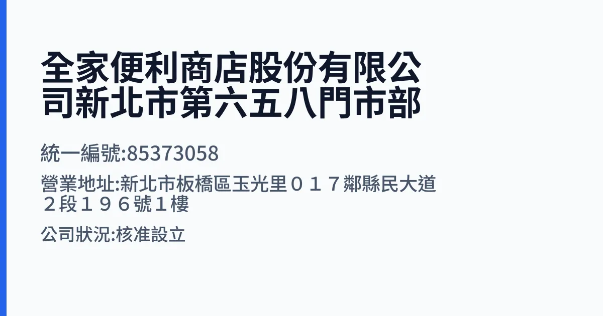 全家便利商店股份有限公司新北市第六五八門市部 - 統編 85373058(新北市) 公司登記資料與營業項目詳細圖表