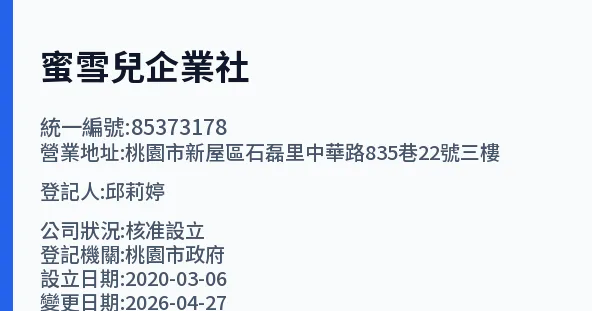 蜜雪兒企業社的照片-統編 85373178(桃園市) 公司登記資料與營業項目詳細圖表