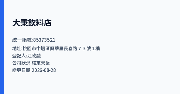 大秉飲料店的照片-統編 85373521(桃園市) 公司登記資料與營業項目詳細圖表