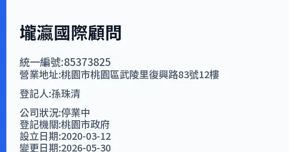 壠瀛國際顧問的照片-統編 85373825(桃園市) 公司登記資料與營業項目詳細圖表