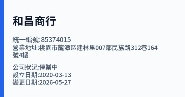 和昌商行的照片-統編 85374015(桃園市) 公司登記資料與營業項目詳細圖表