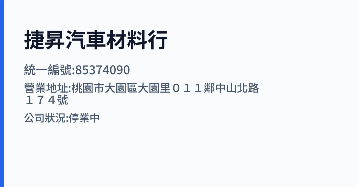 捷昇汽車材料行 - 統編 85374090(桃園市) 公司登記資料與營業項目詳細圖表