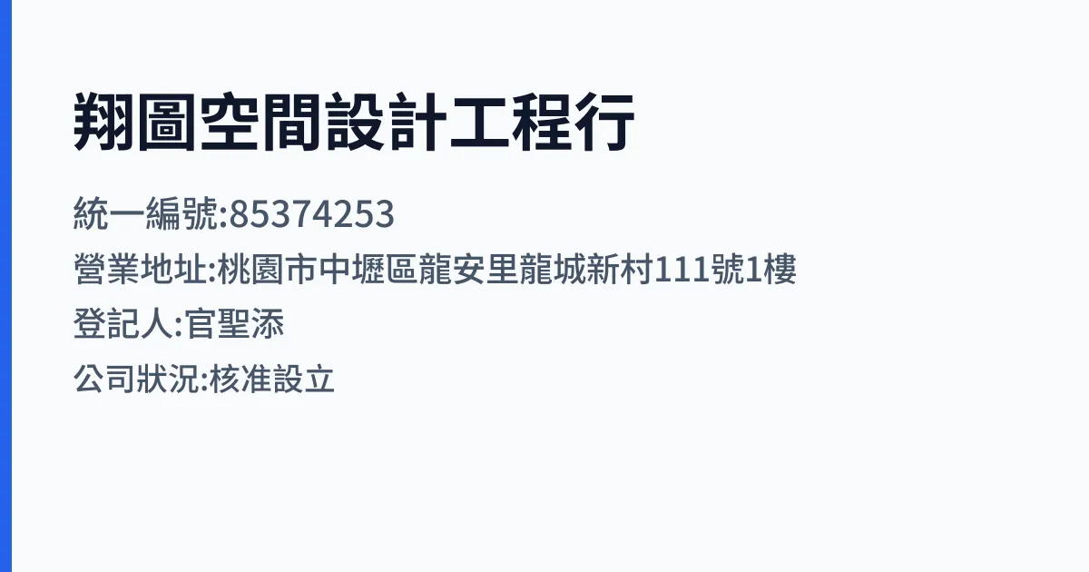 翔圖空間設計工程行 - 統編 85374253(桃園市) 公司登記資料與營業項目詳細圖表