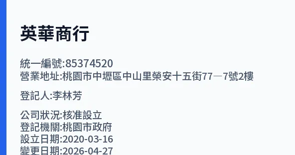 英華商行的照片-統編 85374520(桃園市) 公司登記資料與營業項目詳細圖表