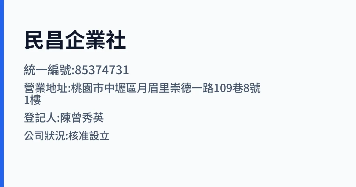 民昌企業社 - 統編 85374731(桃園市) 公司登記資料與營業項目詳細圖表