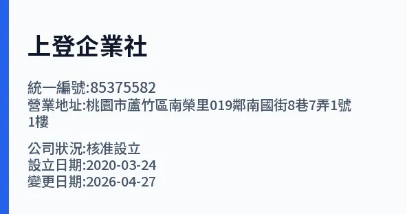 上登企業社的照片-統編 85375582(桃園市) 公司登記資料與營業項目詳細圖表