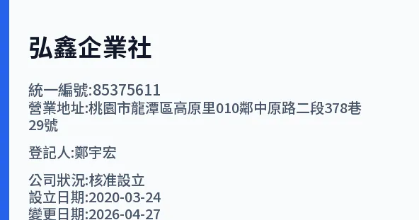 弘鑫企業社的照片-統編 85375611(桃園市) 公司登記資料與營業項目詳細圖表