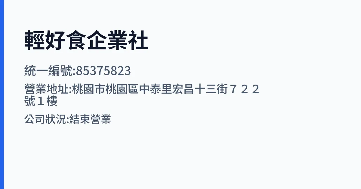 輕好食企業社 - 統編 85375823(桃園市) 公司登記資料與營業項目詳細圖表